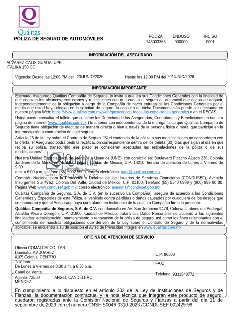 poliza de CALIX | PDF | Póliza de seguros | Seguro