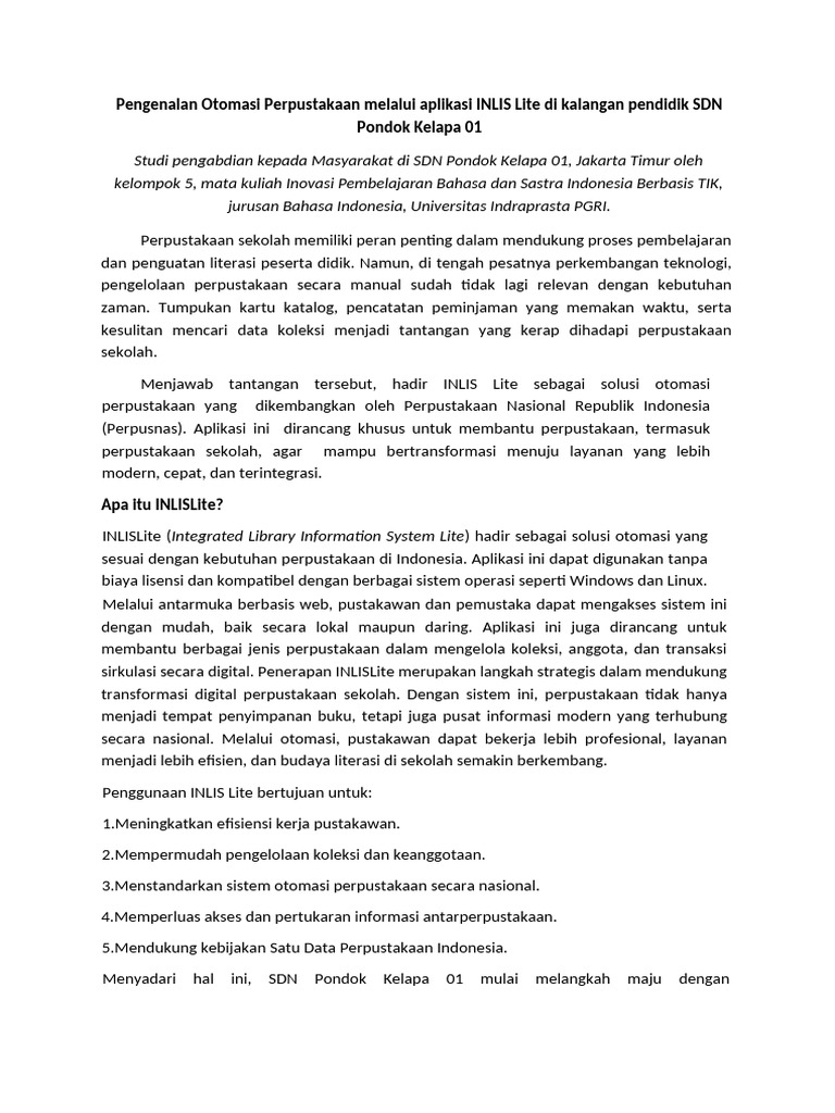 Artikel Abdimas Tentang INLIS Lite Oleh Kelompok 5 | PDF