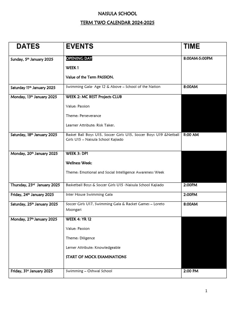 Naisula School Term Two Calendar 2024-2025 | PDF