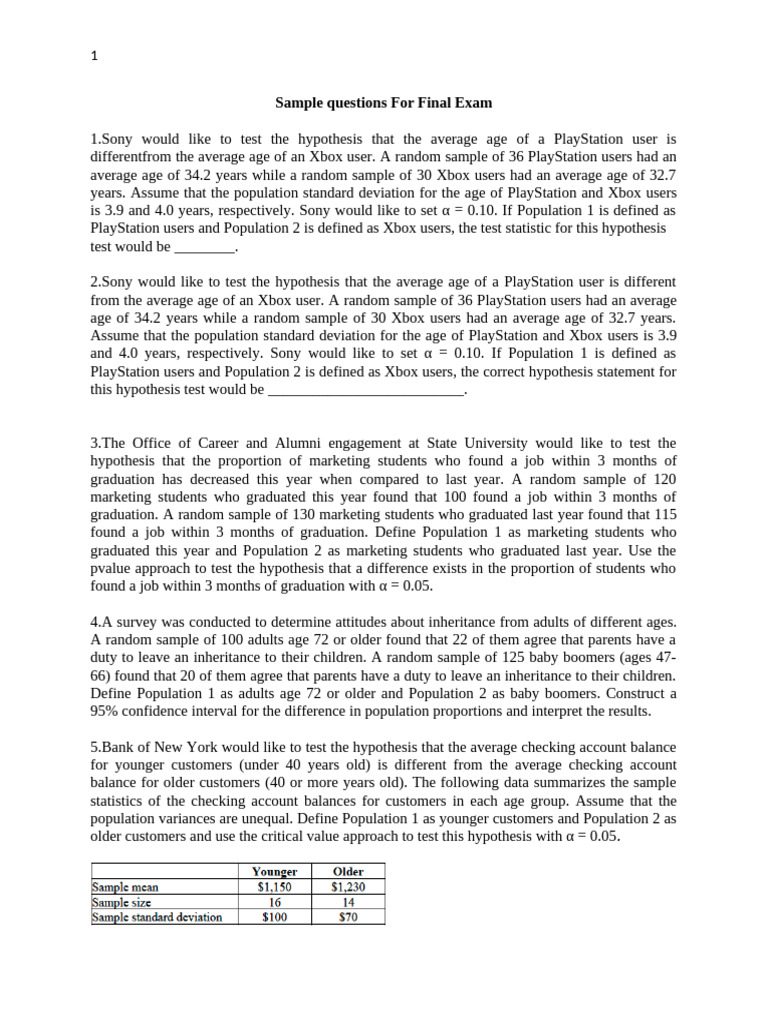 Sample questions For Final Exam 2 | PDF | P Value | Statistics