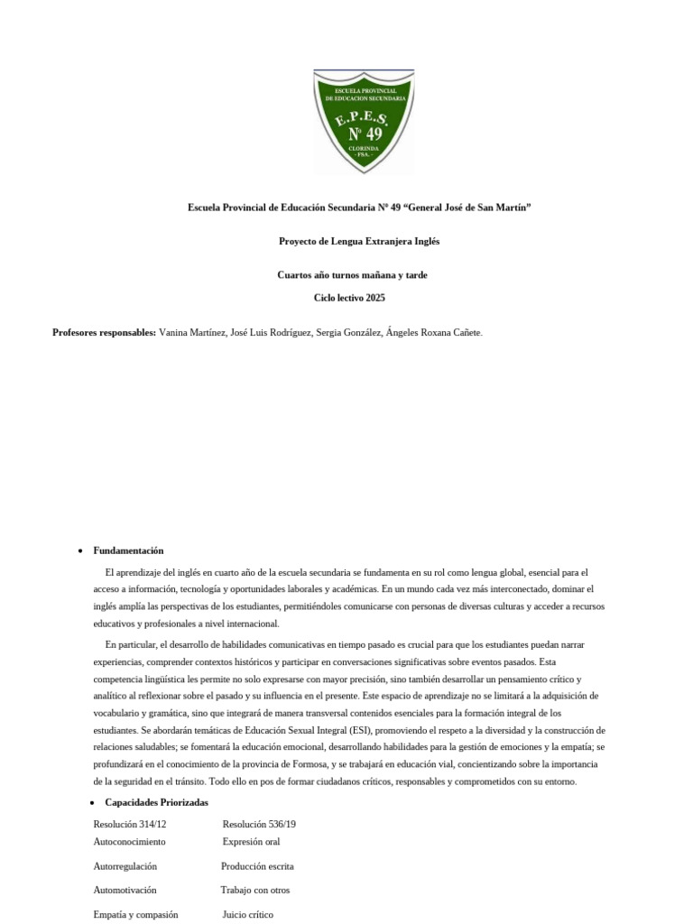 Proyecto cuarto año epes 49 ciclo 2024 | PDF | Evaluación | Aprendizaje
