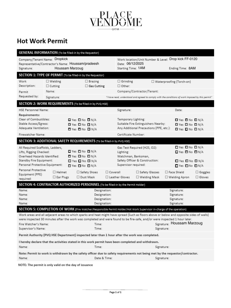 Hot Work Permit Template and Guidelines | PDF | Personal Protective ...
