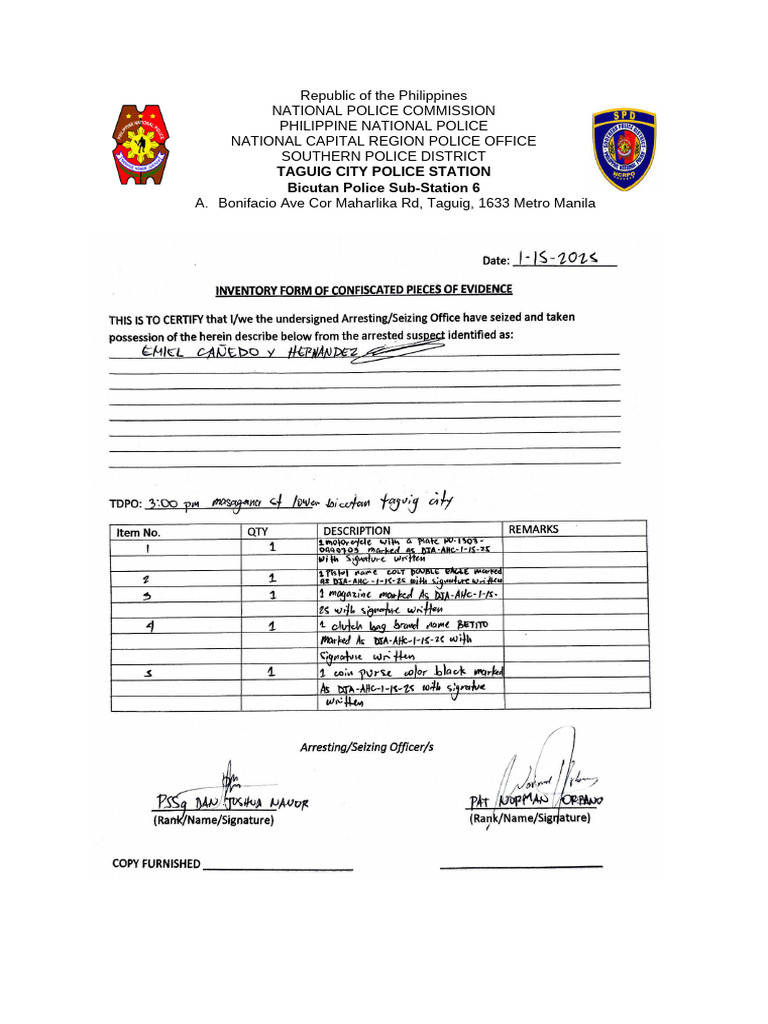 9. Inventory Form of Confiscated Piece of Evidence | PDF