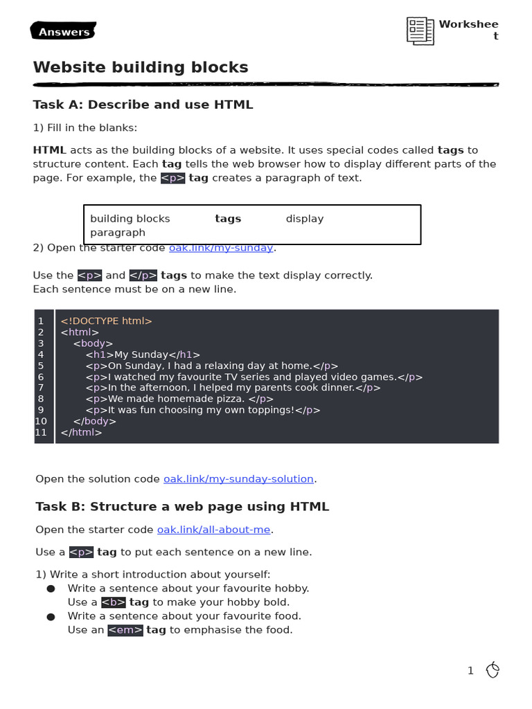 Worksheet Answers | PDF | Html Element | Computer File Formats
