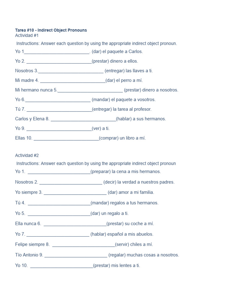 Tarea #10-I Indirect Object Pronouns - Google Docs | PDF