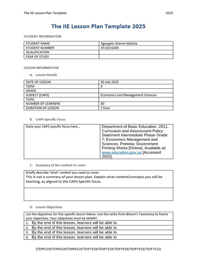 IIE 2025 Lesson Plan Template for Economics | PDF | Lesson Plan | Learning