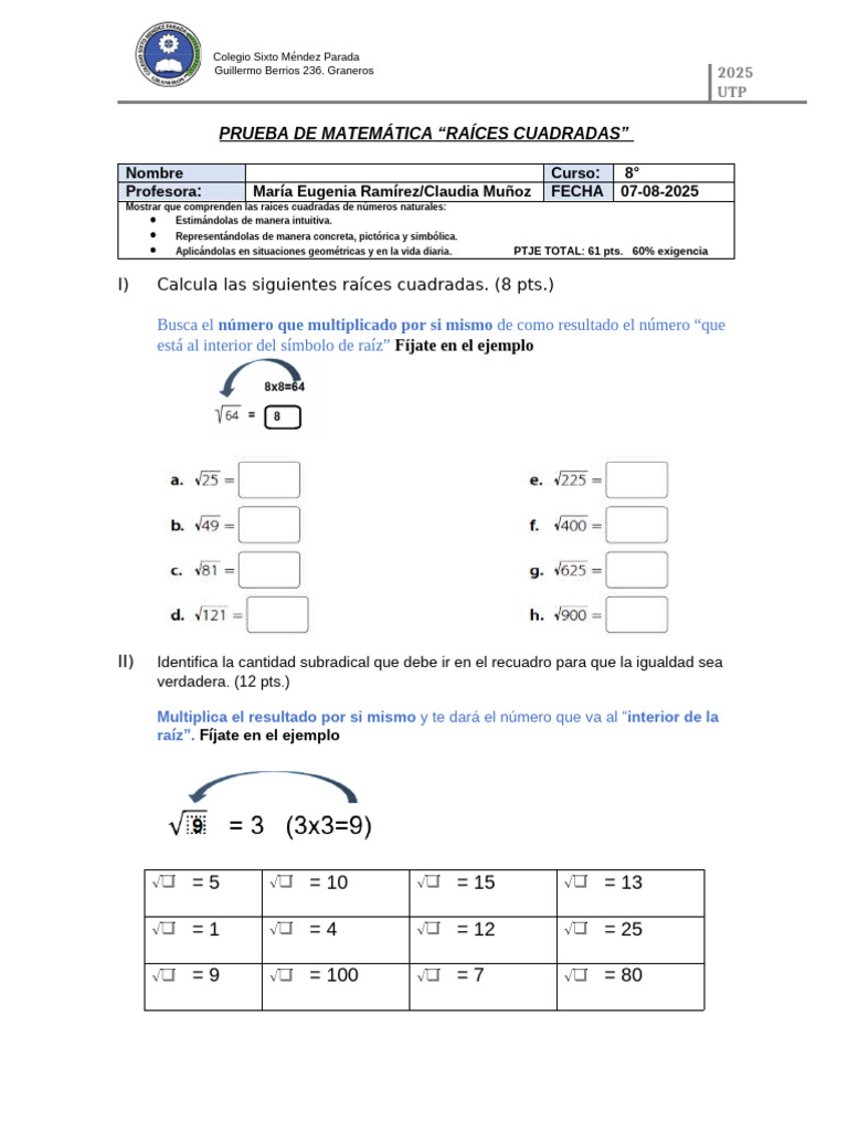 PRUEBA DE RAÍCES CUADRADAS 8° 2025 ADAPTADA | PDF | Raíz cuadrada ...