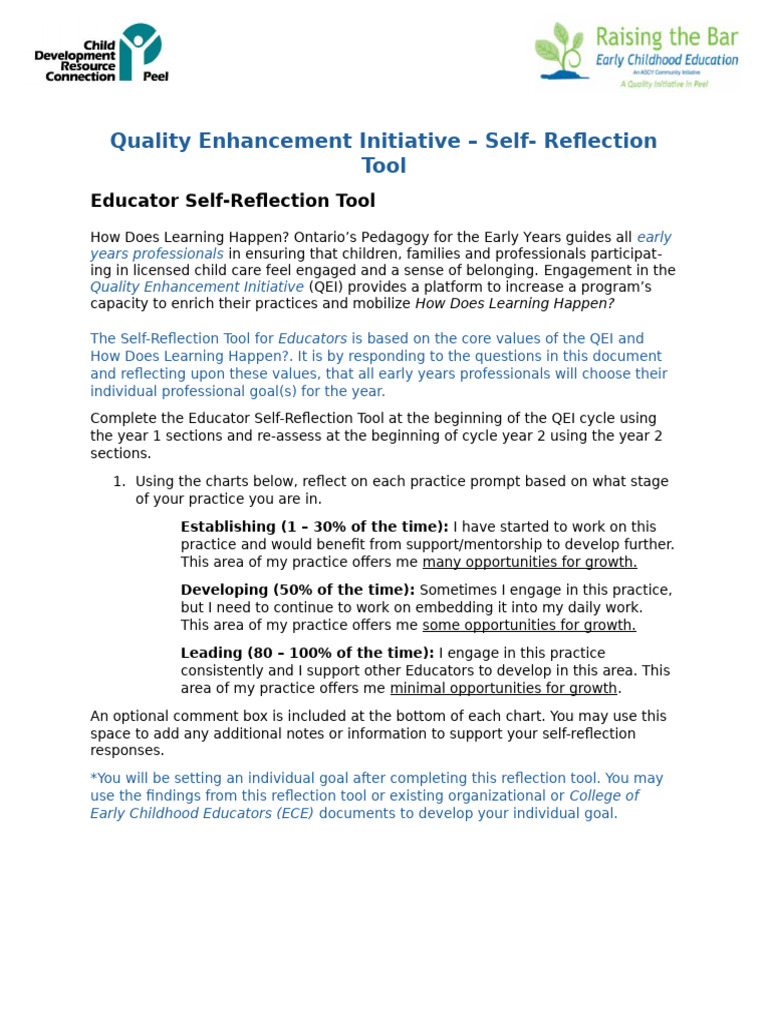 Educator Self-Reflection Tool for QEI | PDF | Pedagogy | Learning
