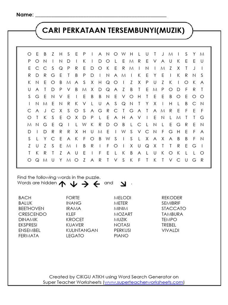 Super Teacher Worksheets Cari Perkataan Tersembunyimuzik | PDF ...