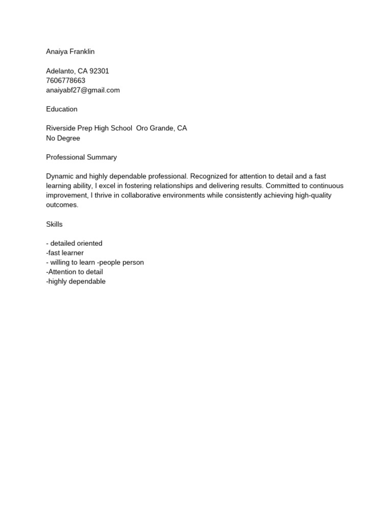 Anaiya Franklin's Professional Summary | PDF