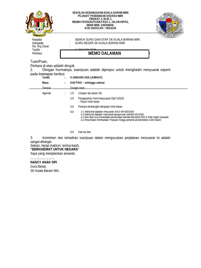 Memo Mesyuarat Staf 1 2026 | PDF