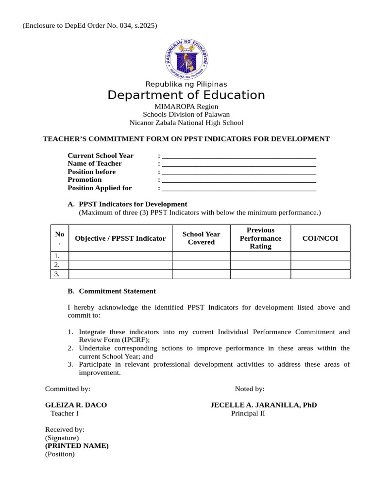 Teacher Commitment Form for PPST Indicators | PDF