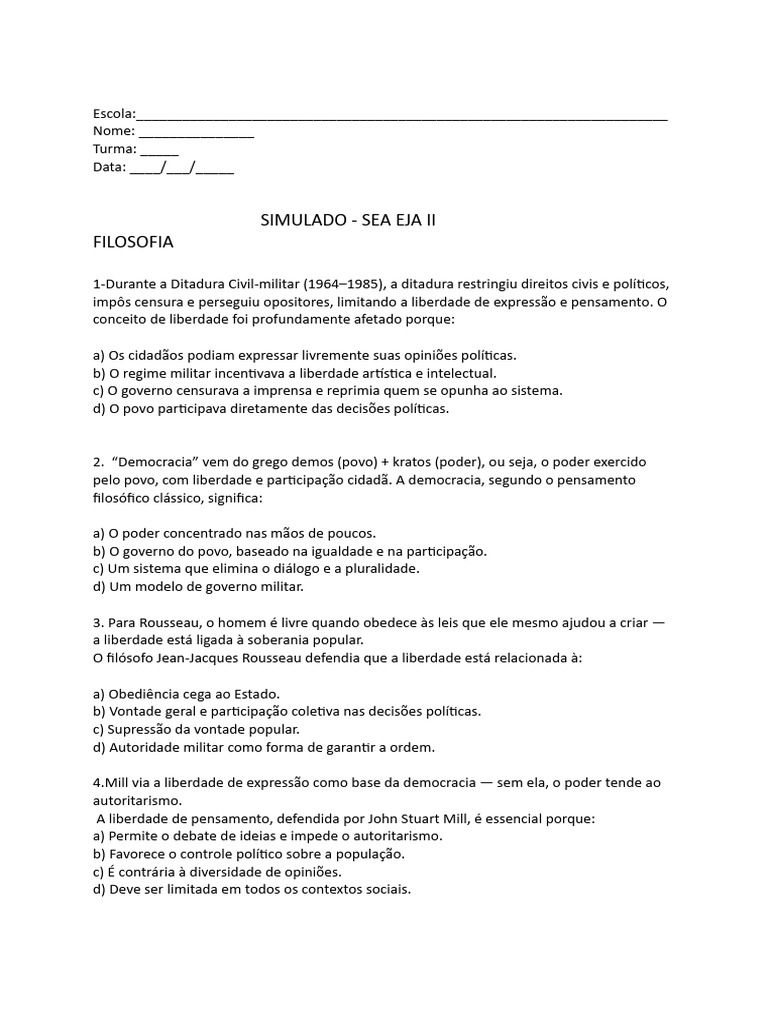 simulado Eja I e II 4 Per. | PDF | Democracia | Ideologias Políticas