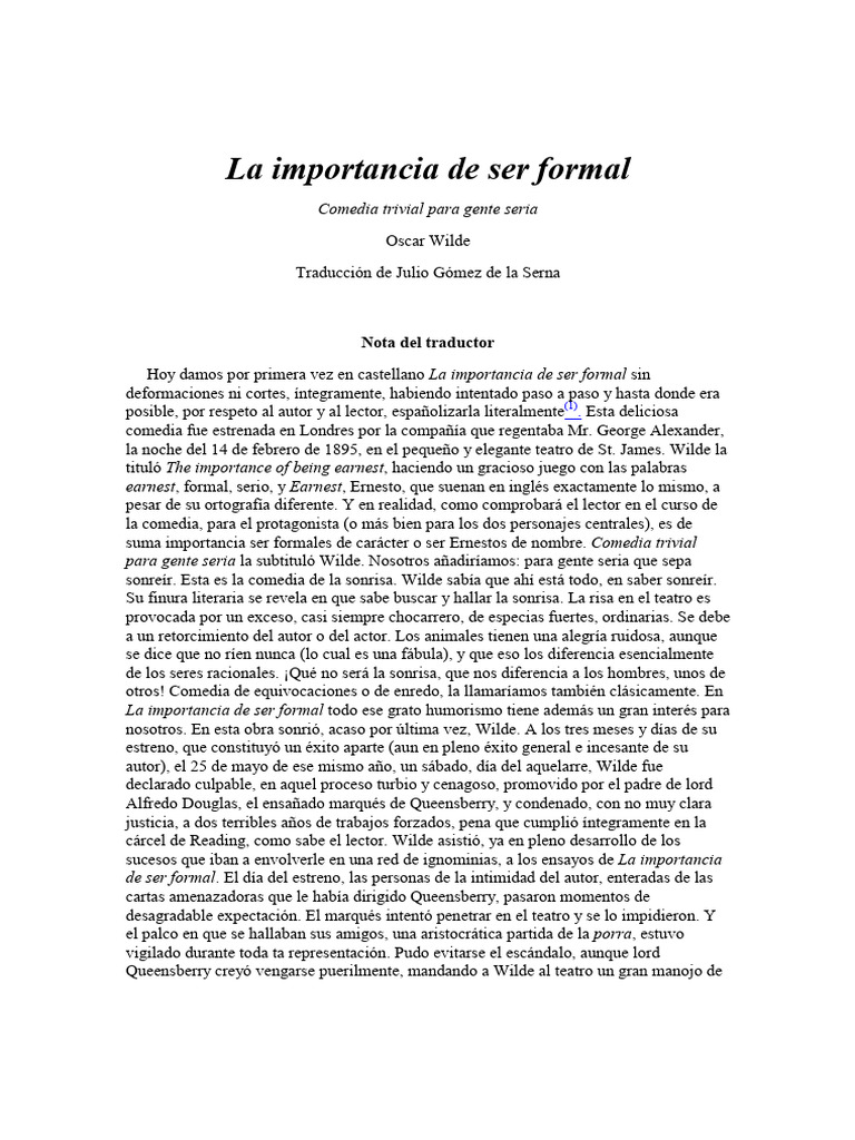 La importancia de llamarse Ernesto, de Oscar Wilde | PDF | Verdad ...