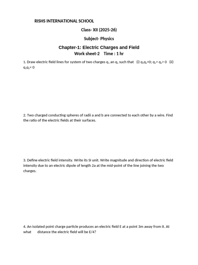 WorkSheet 2 _Chapter1_Elecrtic Charge & Field | PDF