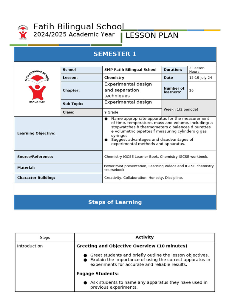 Chemistry Lesson Plan: Apparatus Use | PDF | Volume | Learning