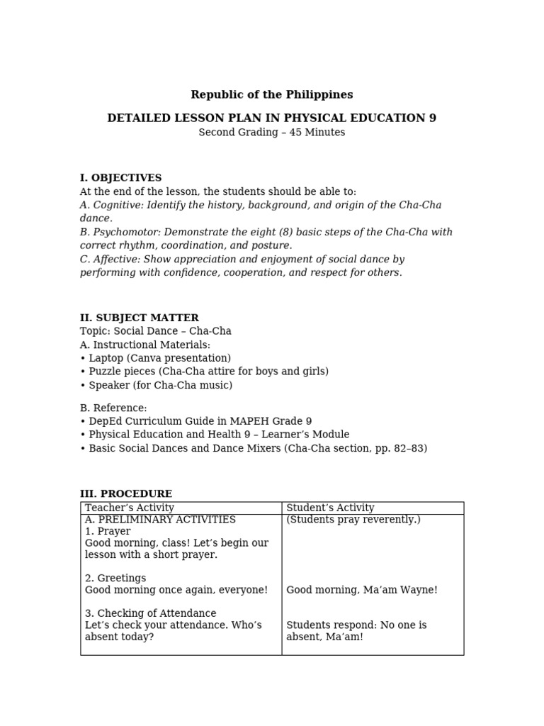 Cha-Cha Dance Lesson Plan for PE 9 | PDF | Social Dance | Ballroom Dance