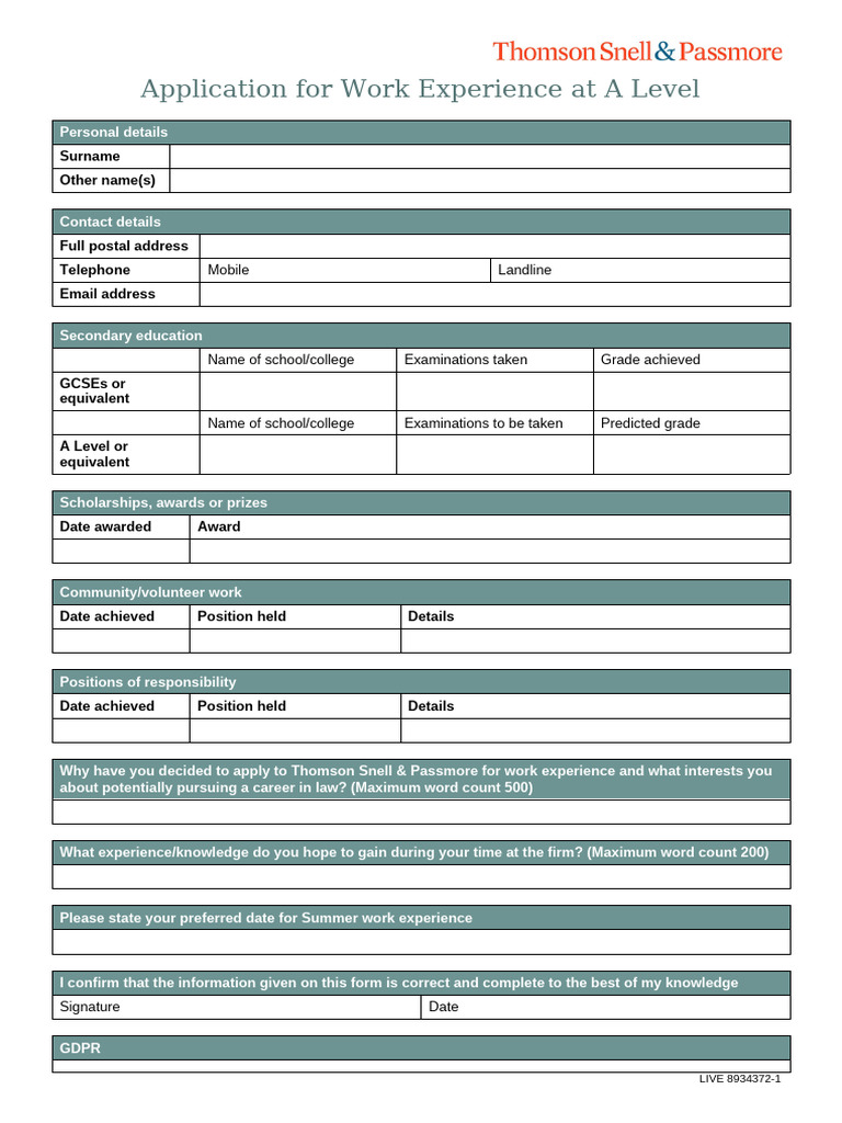 Work Placement Alevel Application Form Gdpr | PDF