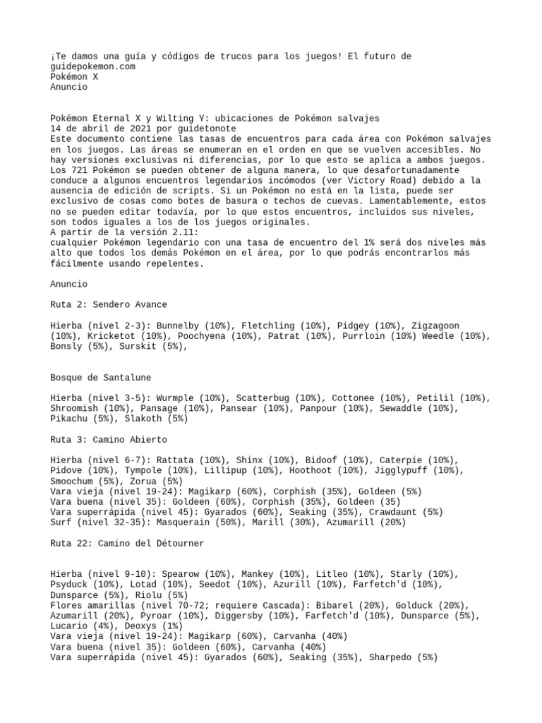 Encuentros de Pokémon en Eternal X y Wilting Y | PDF | Pokémon