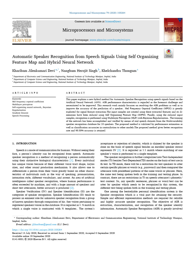 Automatic Speaker Recognition From Speech Signals Using 2020 Microprocessors | PDF | Speech ...