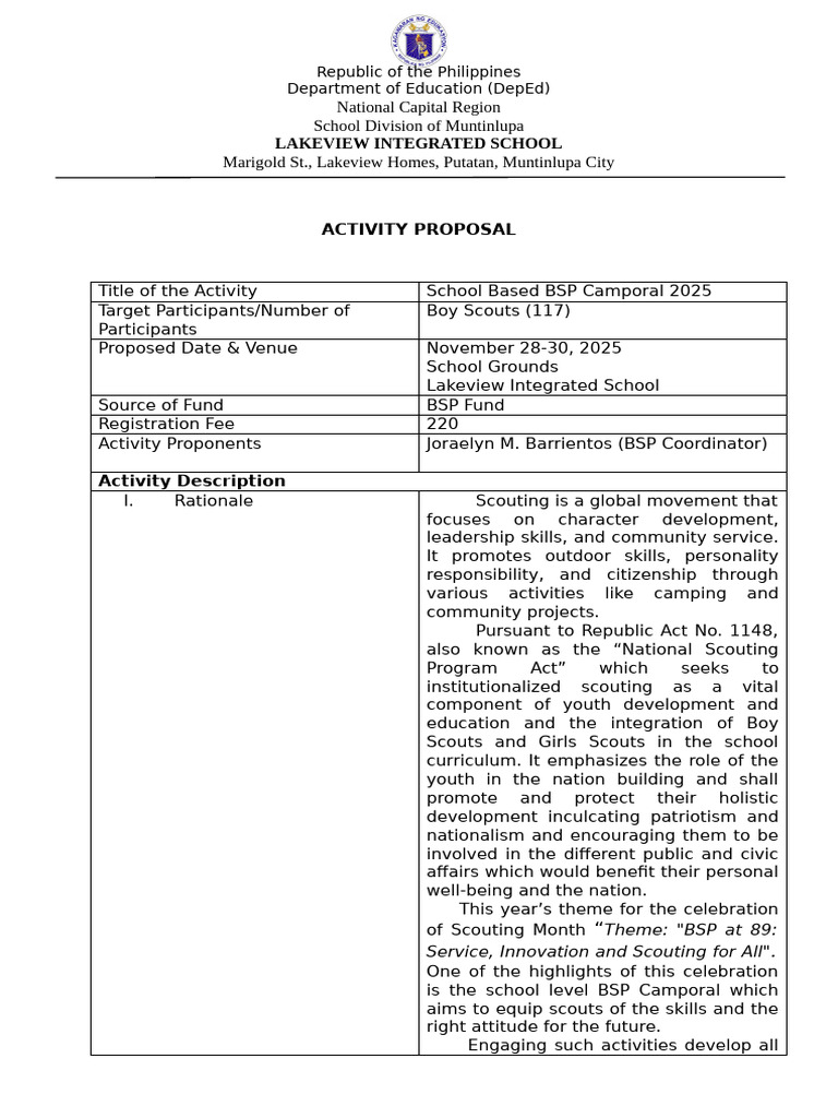 Activity Proposal Bsp&Gsp Camporal | PDF | Scouting | Youth Organizations