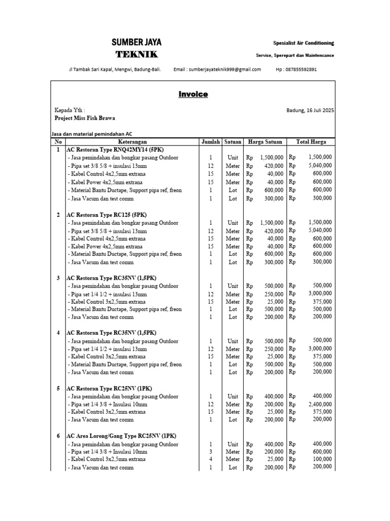 Invoice Pemindahan Outdoor AC Dan Material Instalasi Project Miss Fish ...