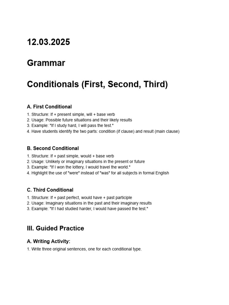Lesson Plan_ Conditionals (First, Second, Third) | PDF