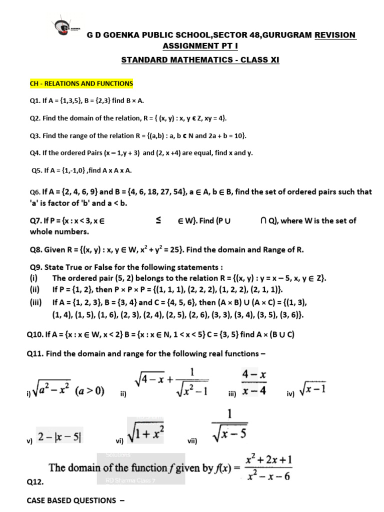 REVISION ASSIGNMENT STANDARD MATH-PT I - CLASS XI | PDF