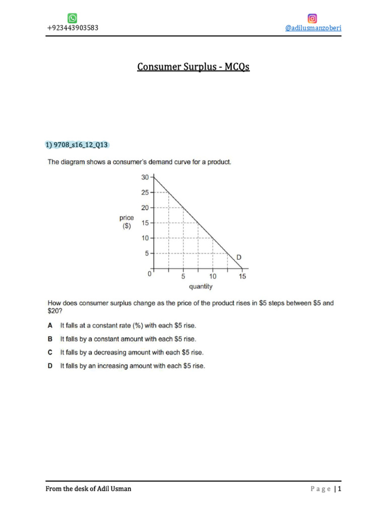 Consumer Surplus MCQs and Answers | PDF