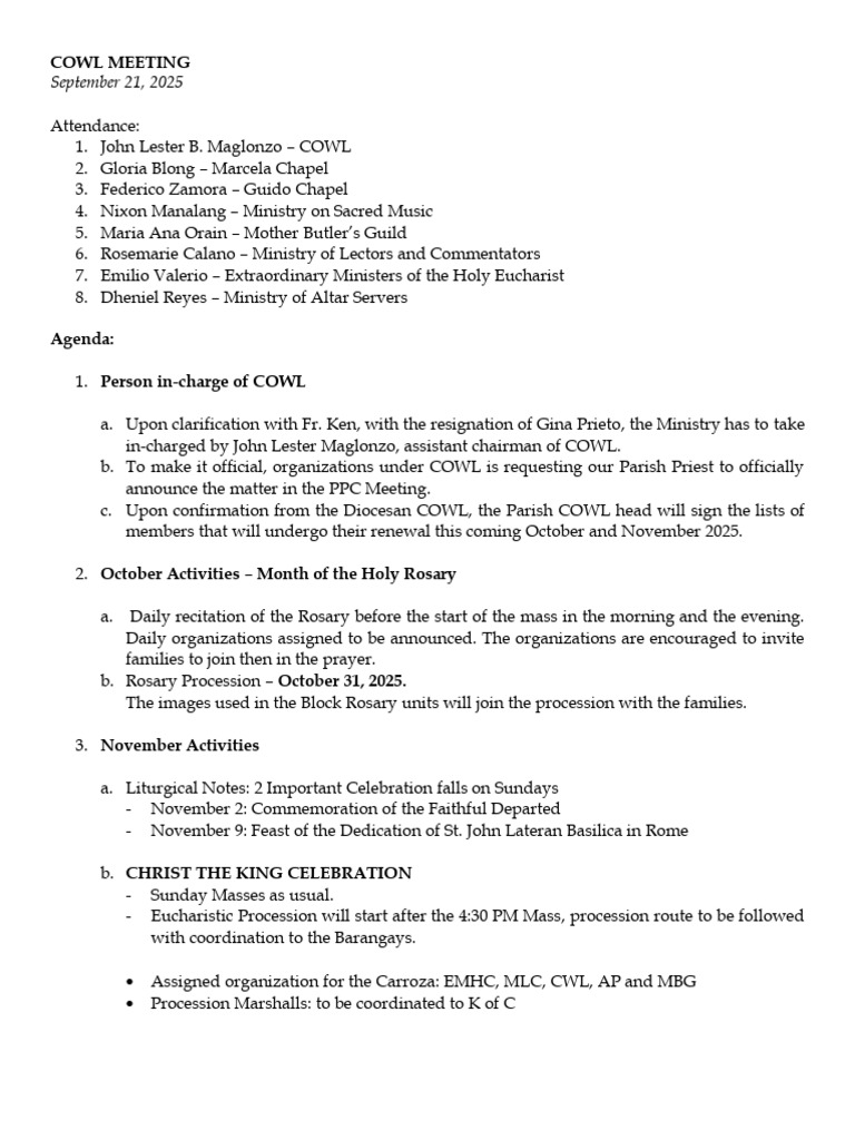 COWL Meeting September 21 2025 | PDF | Advent | Mass (Liturgy)