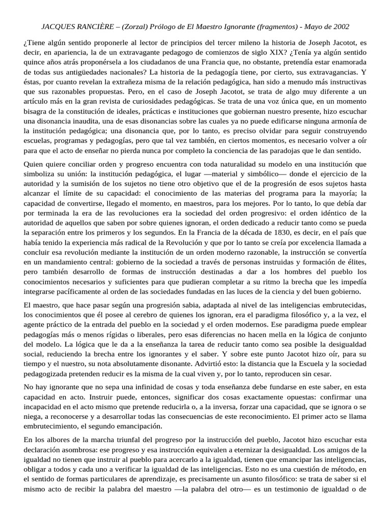 Rancière - Prólogo - El Maestro Ignorante | PDF | Desigualdad social ...