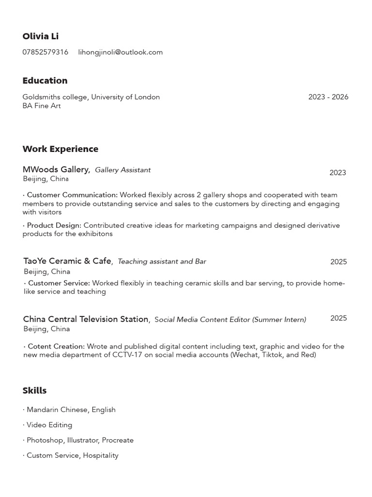 Olivia Li - Fine Art Graduate Resume | PDF