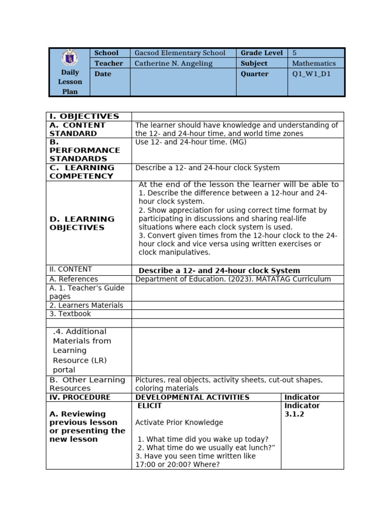Lesson-Plan-Math5 Q1 W1 D1 | PDF | Learning | Teachers