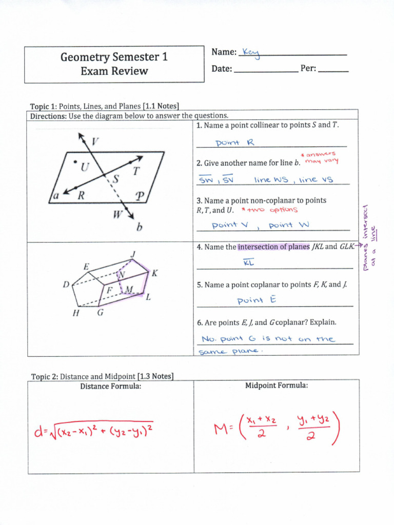 Geometry Semester 1 Exam Review 25 Key | PDF