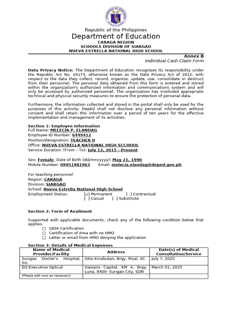 Individual Cash Claim Form for Teachers | PDF