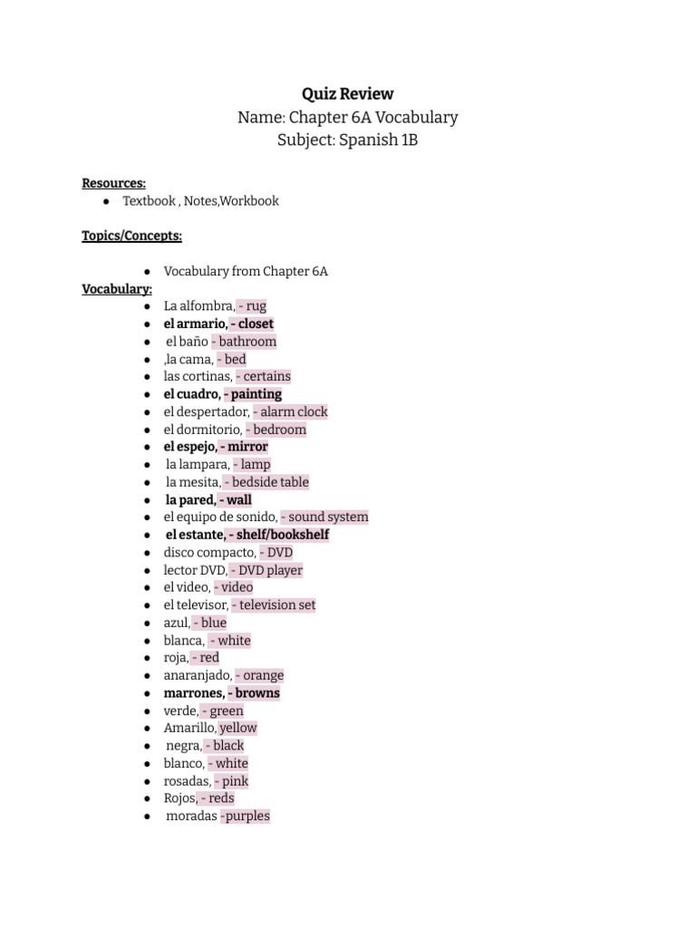Spanish 1B Chapter 6A Vocabulary Quiz | PDF | Potential Energy ...