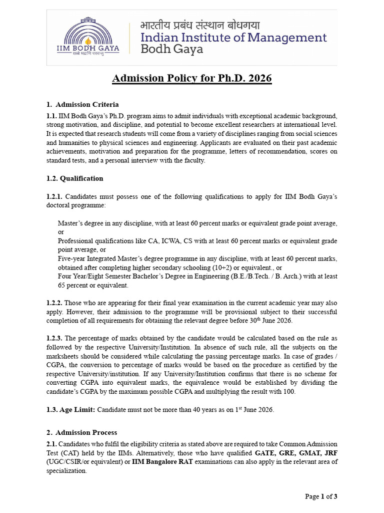IIMBG Ph.D. Admission Policy 2026 | PDF | Academic Degree | University ...