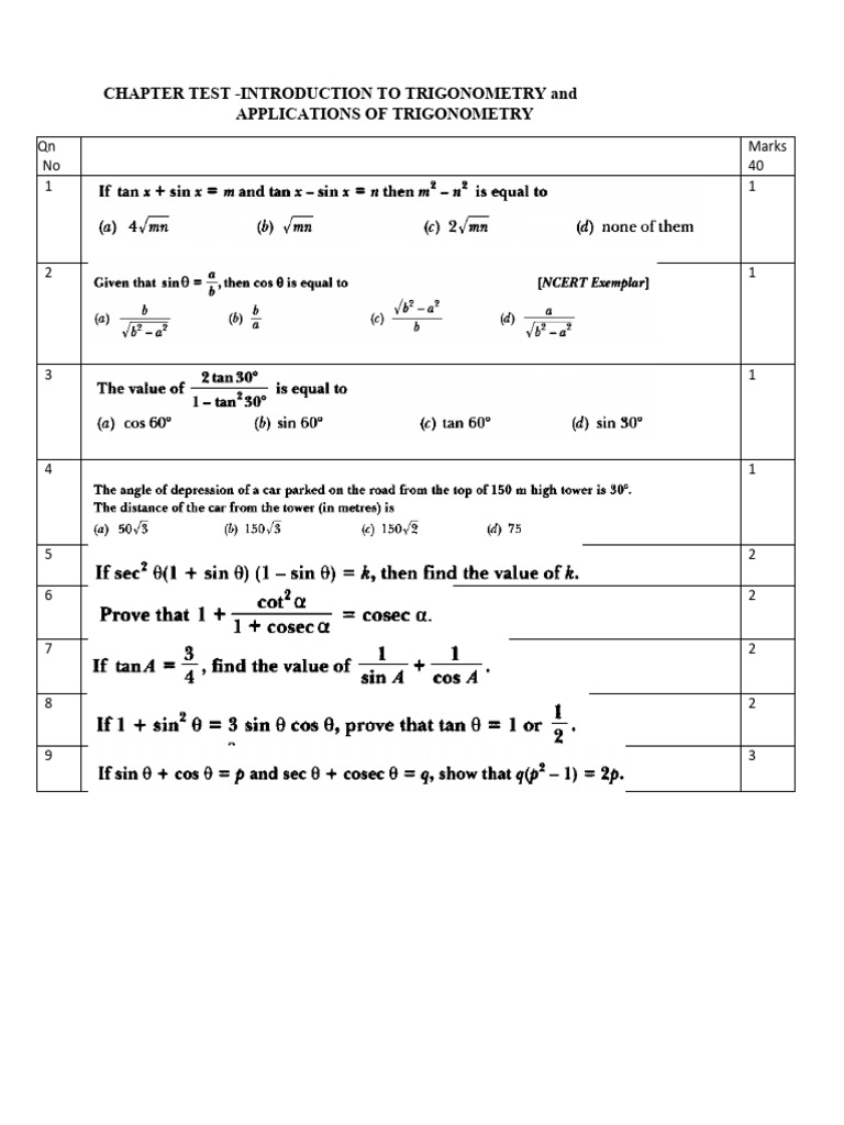 8.Trigonometry( Intro and Appli)Test -Qn | PDF