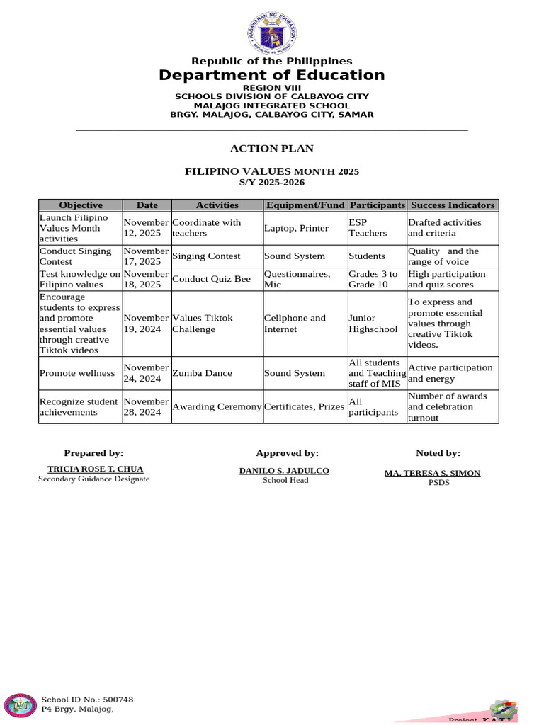 Action Plan. Filipino Values Month | PDF