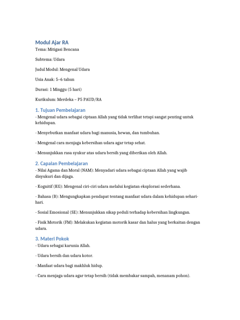 Modul Ajar Mitigasi Udara PAUD | PDF