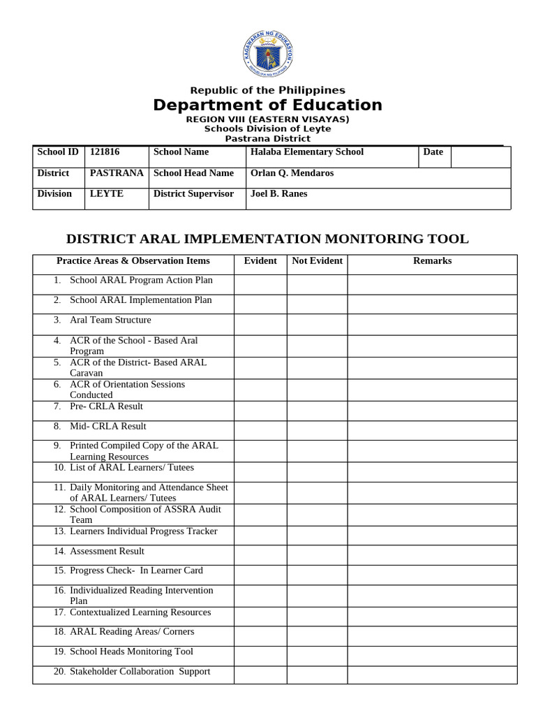 ARAL Program Monitoring Tool for Schools | PDF