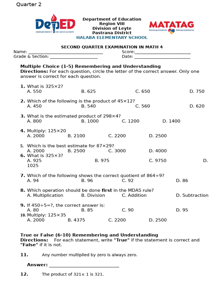Math 4 Second Quarter Exam Guide | PDF | Mathematics