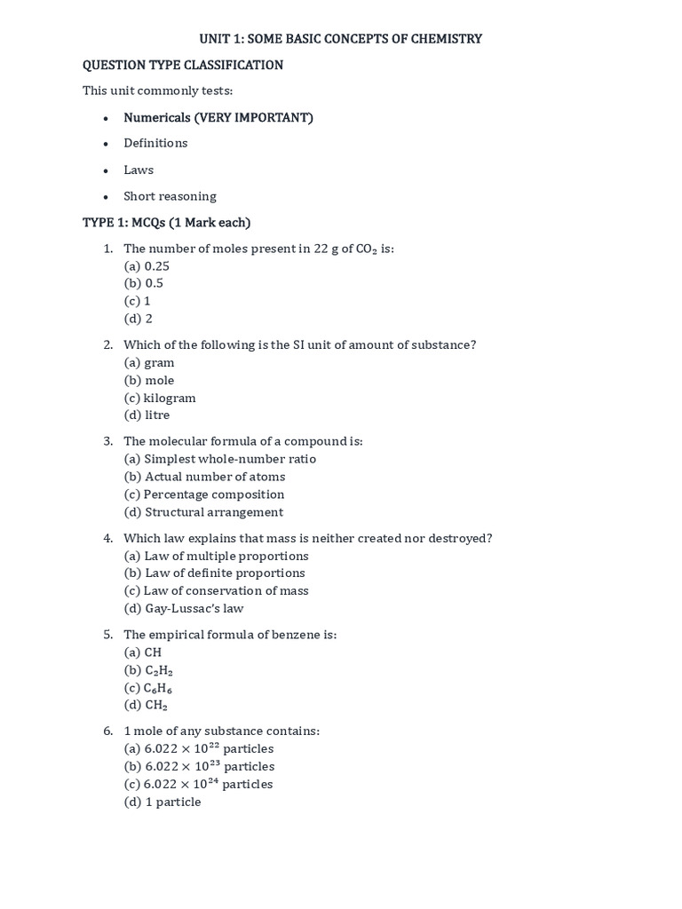 UNIT 1,2 and 3- CHEMISTRY SAMPLE QUESTIONS | PDF | Mole (Unit) | Molecules