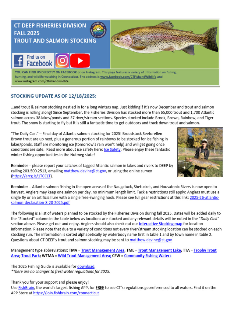 CT Trout & Salmon Stocking Update 2025 | PDF | Angling | Rainbow Trout