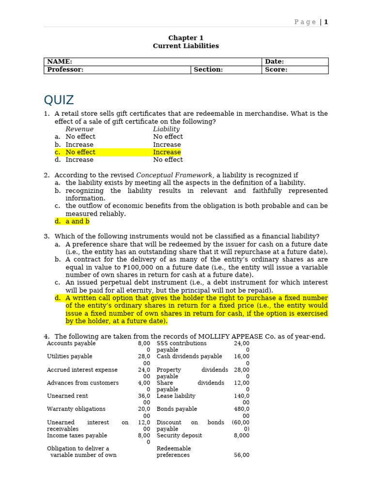 Acctg 201 With Solutions Prelim Quiz 2 Current Liabilities | PDF ...