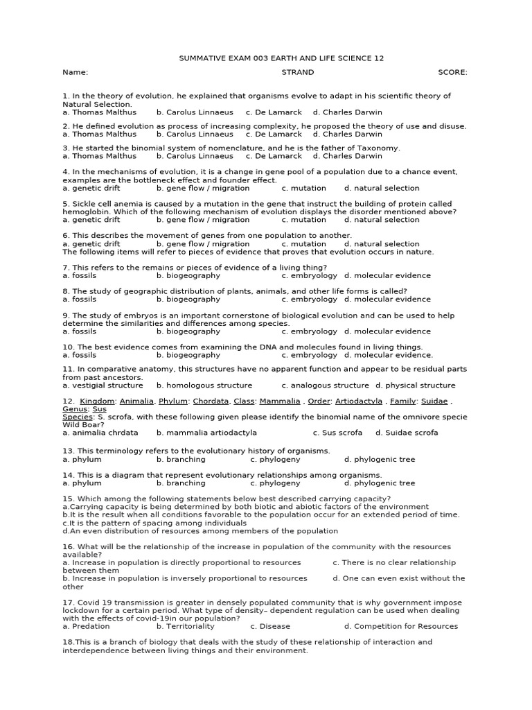 Summative Exam 003 Earth and Life Science 12 | PDF | Ecological Niche ...