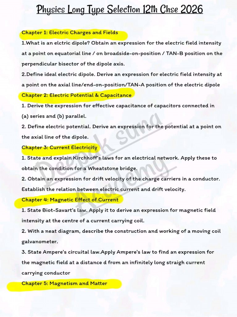 Physics Long Type Selection 2026 Chse | PDF