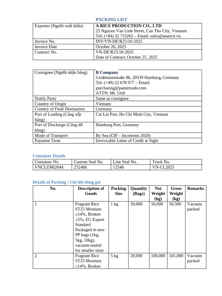 Packing List | PDF | Freight Transport
