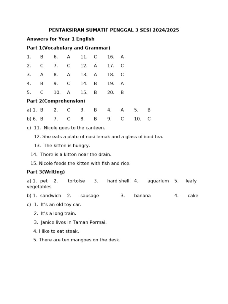 Answers for Year 1 English | PDF