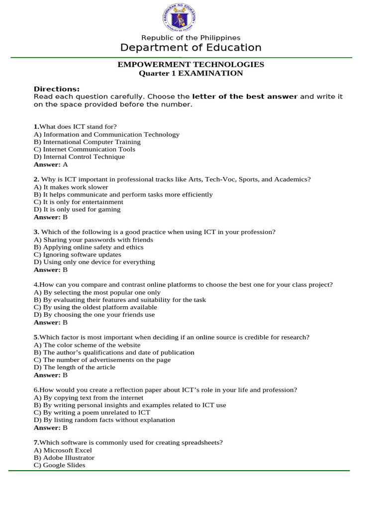 EMTECH Q1 EXAM | PDF | Microsoft Word | Microsoft Excel